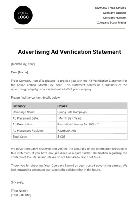 Free Advertising Ad Verification Statement Template To Edit Online