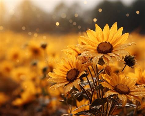 Yellow Sunflowers In A Field With Water Droplets Stock Illustration Illustration Of Color