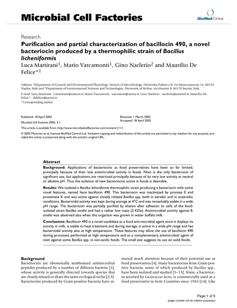 Pdf Purification And Partial Characterization Of Bacillocin 490 A Novel Bacteriocin Produced