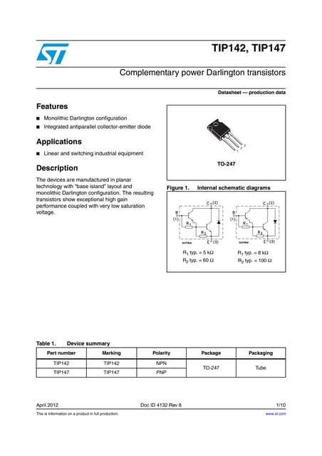 Original Npn Silicon Power Darlingtons Transistor Tip142 10a 100v To