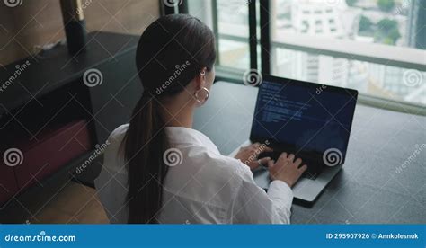 Back Rear View Female Programmer Developing App In Creative Office