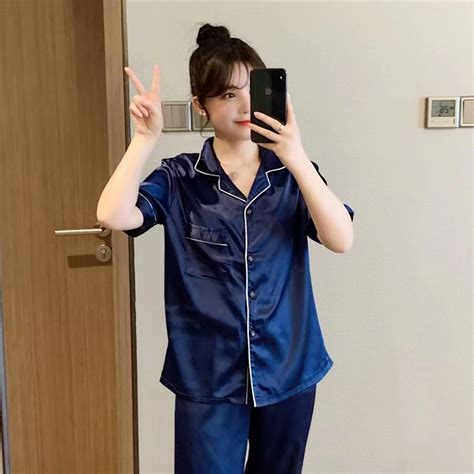 Summer Couple Korean Pajamas Silk Short Sleeve Plain Design Terno For Woman Unisex Pcs