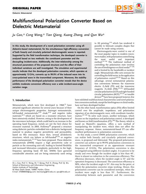 Pdf Multifunctional Polarization Converter Based On Dielectric Metamaterial
