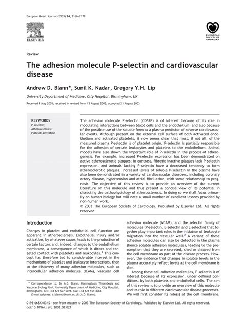 Pdf The Adhesion Molecule P Selectin And Cardiovascular Disease