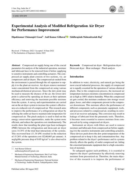 Pdf Experimental Analysis Of Modified Refrigeration Air Dryer For