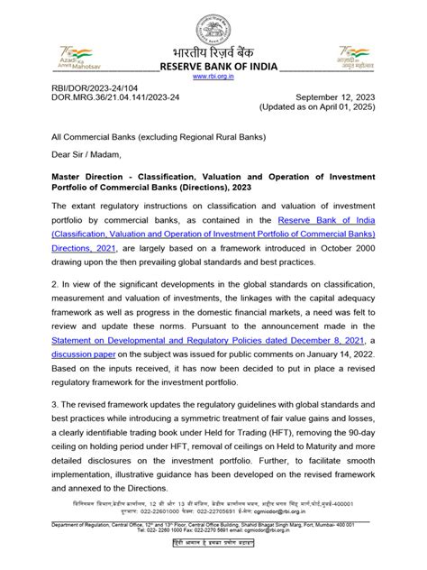 Rbi Circular On Classification Valuation Of Investments Pdf