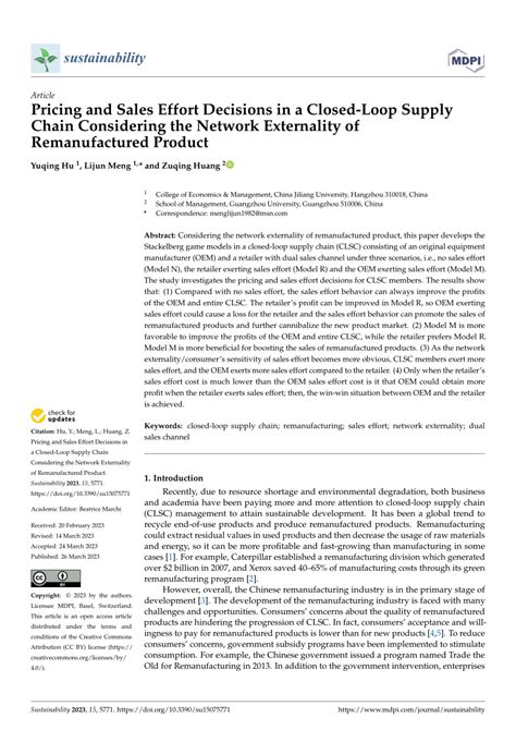 Pdf Pricing And Sales Effort Decisions In A Closed Loop Supply Chain Considering The Network