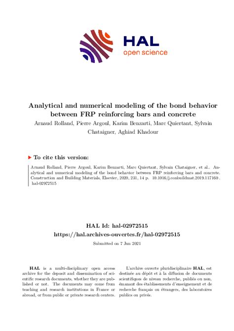 Pdf Analytical And Numerical Modeling Of The Bond Behavior Between Frp Reinforcing Bars And
