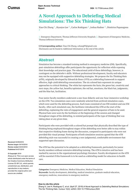 Pdf A Novel Approach To Debriefing Medical Simulations The Six Thinking Hats
