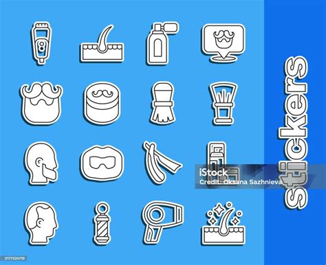 헤어 케어 트리트먼트용 세트 라인 오일 면도 젤 폼 브러시 분무기가 있는 애프터쉐이브 젤 왁스 스타일링 콧수염과 수염 전기 면도날과 아이콘 벡터 건강 진단에 대한 스톡 벡터