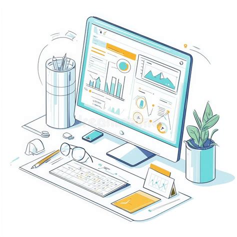 Modern Workspace With Data Analytics Dashboard On Desktop Stock Illustration Illustration Of