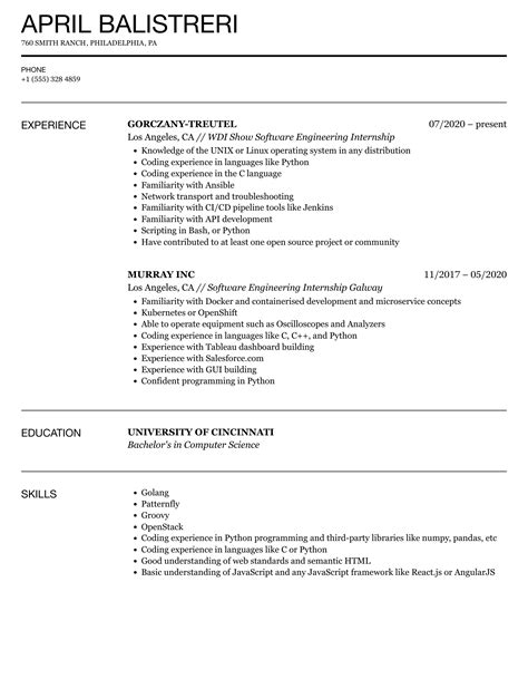 Software Engineering Internship Resume Samples Velvet Jobs