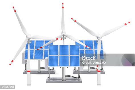 신 재생 에너지 개념입니다 태양 전지 판과 풍력 터빈 3d 렌더링에 고립 된 흰색 배경 0명에 대한 스톡 사진 및 기타 이미지 0명 3차원 형태 개념 Istock