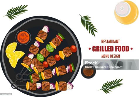 접시에 구운 음식 바베큐 고기 향신료 및 다양한 구운 야채의 일러스트레이션 세트 평면도 디자인 요소에 대한 귀여운 흰색 배경 만화에 고립되어 있습니다 고기에 대한 스톡 벡터