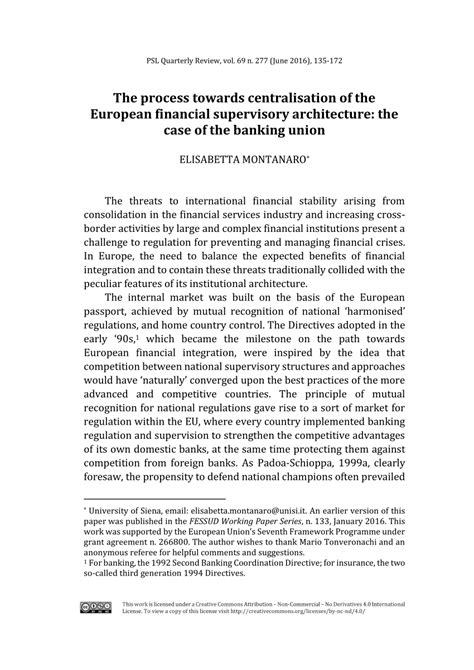 Pdf The Process Towards The Centralisation Of The European Supervisory Architecture The Case
