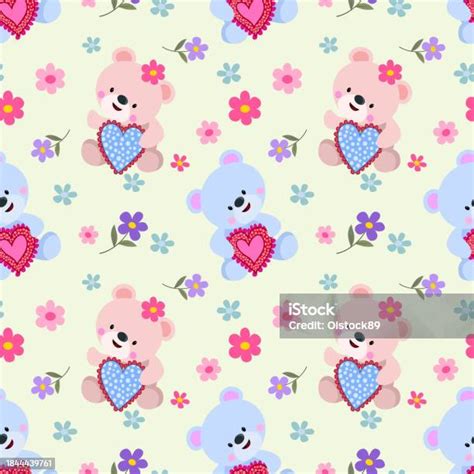 발렌타인 데이 개념 귀여운 곰 심장 모양과 꽃 완벽 한 패턴 곰에 대한 스톡 벡터 아트 및 기타 이미지 곰 귀여운 꽃 식물 Istock