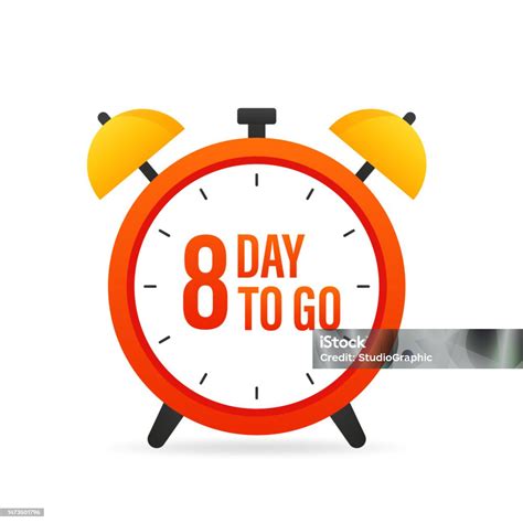 자명종 8 일 남았습니다 아침에 침대에서 일어나라는 시끄러운 신호 배너가 있는 알람 시계가 깨어납니다 기상 시간 배지 아침 시간