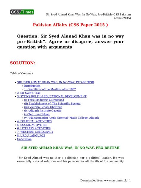 sir syed ahmad khan was in no way pro british css pakistan affairs