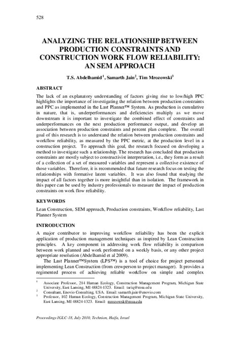Pdf Analyzing The Relationship Between Production Constraints And Construction Work Flow