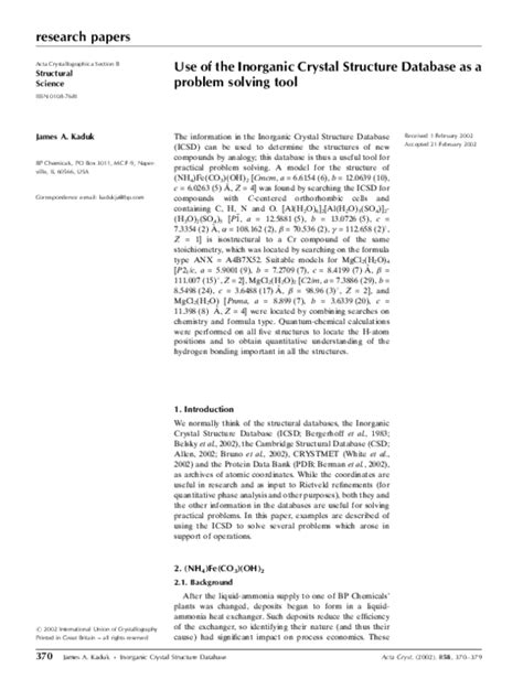 Pdf Use Of The Inorganic Crystal Structure Database As A Problem Solving Tool