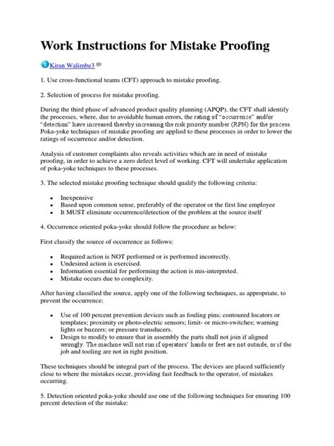 Work Instruction For Error Proofing Systems Theory Systems Engineering