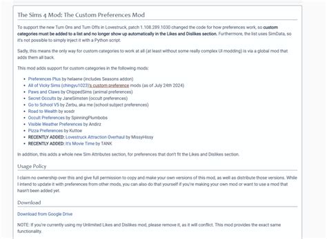 The Other Custom Preferences Mod Sims Mod Support