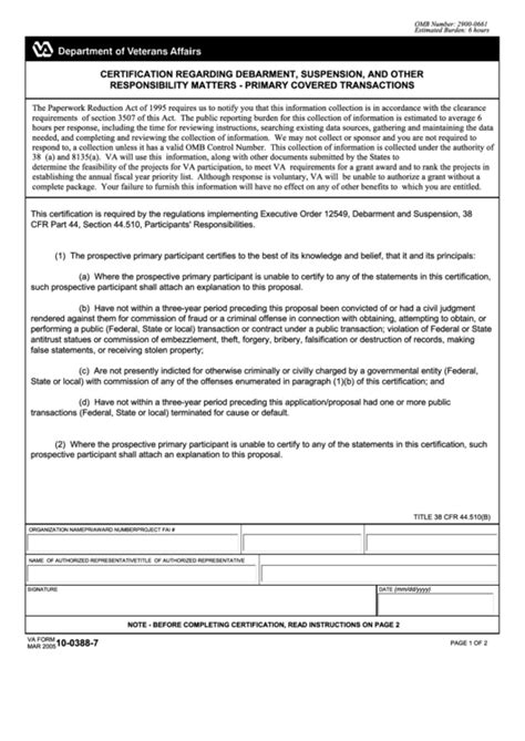 Va Form 10 0388 7 Certification Regarding Debarment Suspension And Other Responsibility
