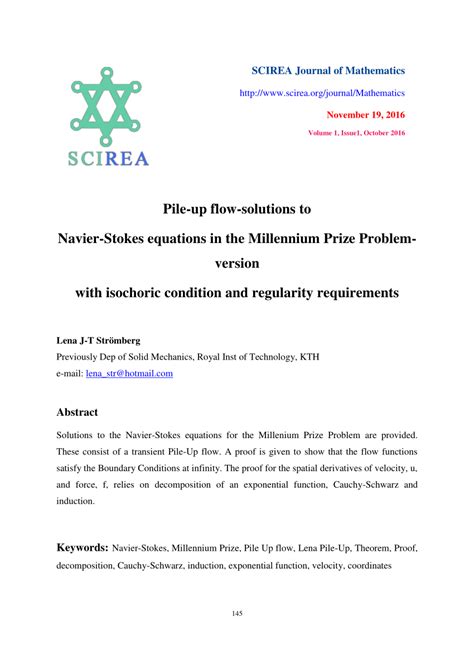 Pdf Pile Up Flow Solutions To Navier Stokes Equations In The Millennium Prize Problem Version