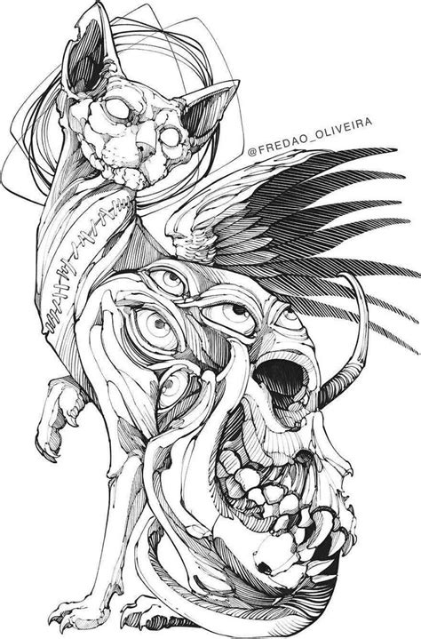 A Black And White Drawing Of A Cat With Wings On Its Head Next To A Demon