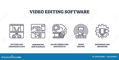 Video Editing Software Icons Include Scissors Timeline And Gear Symbolizing Stock Vector
