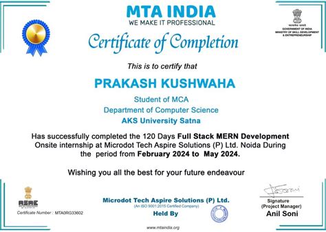 Prakash Kushwaha On Linkedin Internship Achievement Mernstack