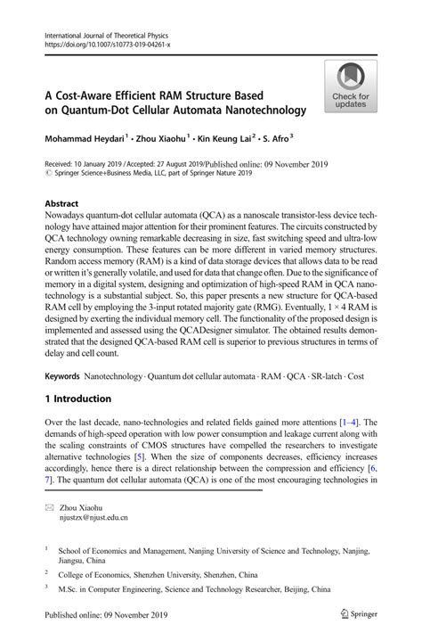 Pdf A Cost Aware Efficient Ram Structure Based On Quantum Dot Cellular Automata Nanotechnology