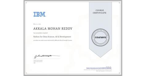 Completion Certificate For Python For Data Science Ai And Development Amohan Siddhartha Reddy