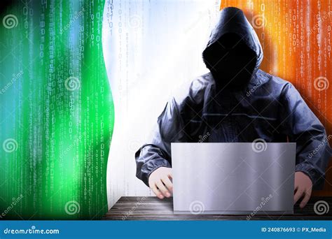 Anonymous Hooded Hacker Flag Of Ireland Binary Code Cyber Attack Concept Stock Image Image