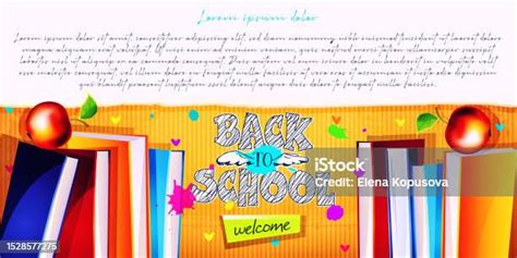 만화 스타일의 학교 교육 개념입니다 학교로 돌아 가기 추상적인 골판지 배경에 사과가 있는 여러 가지 색의 책과 여러 가지 색의 오점과 환영 텍스트가 있는 세트입니다 복사