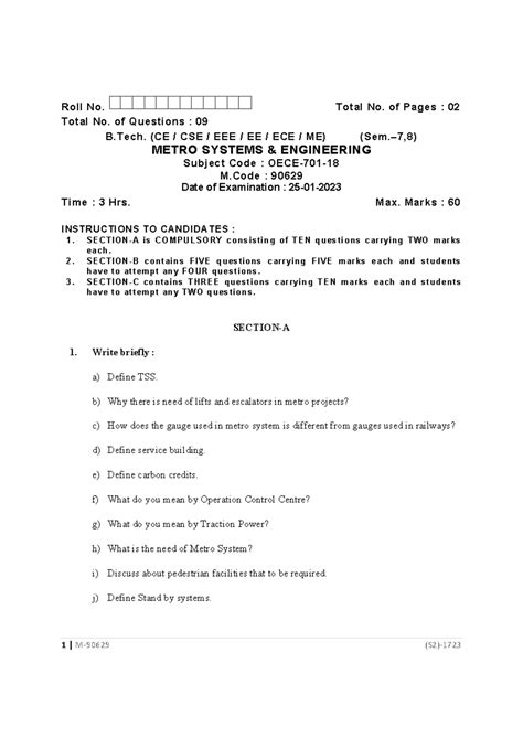 Btech Civil Cse Eee Ee Ece Me 7 Sem 8 Sem Metro Systems And Engineering 90629 Jan 2023 1 M