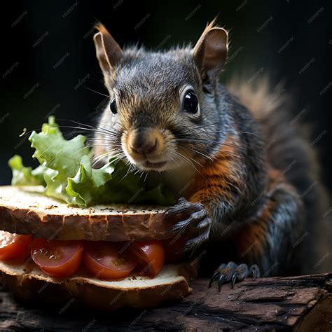 Squirrel Sitting On A Piece Of Bread With Lettuce And Tomato Premium Ai Generated Image