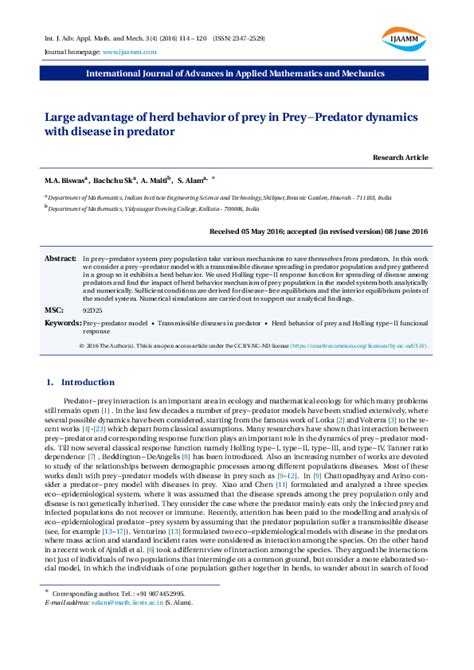 Pdf Large Advantage Of Herd Behavior Of Prey In Prey Predator Dynamics With Disease In