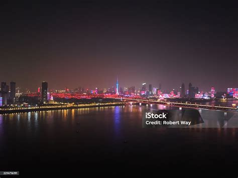 Aerial Wuhan City Night And Wuhan Yangtze River Bridge High Angle View