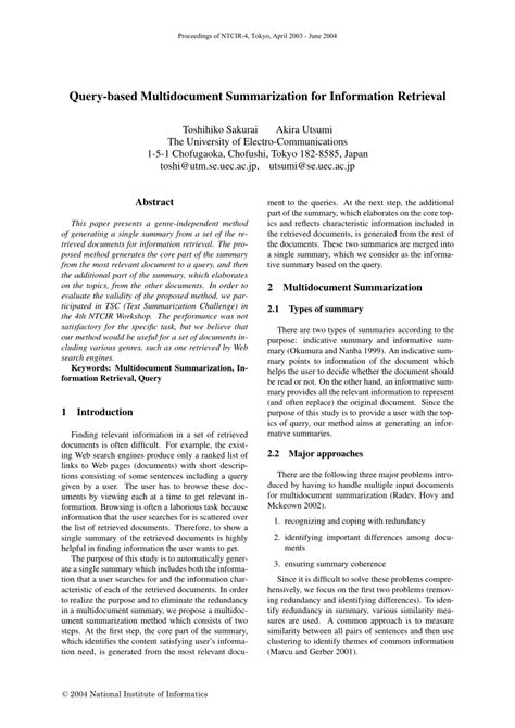 Pdf Query Based Multidocument Summarization For Information Retrieval