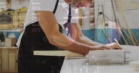 Animation Of Data Processing Over Caucasian Male Carpenter Working In Workshop Stock Video
