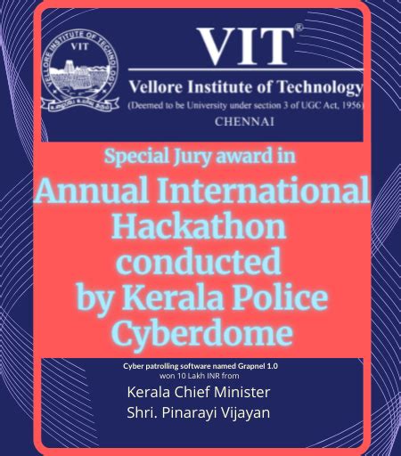 Special Jury Award In Annual International Hackathon Conducted By The Kerala Police Cyberdom Vit