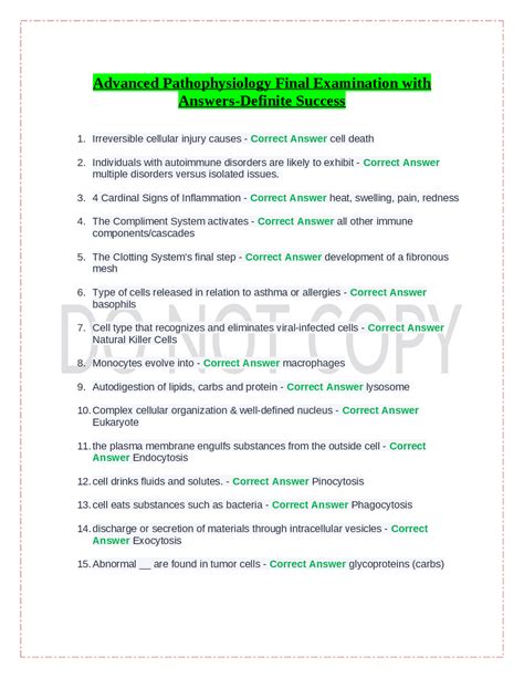 Advanced Pathophysiology Final Examination With Answers Definite Success Exams Nursing Docsity