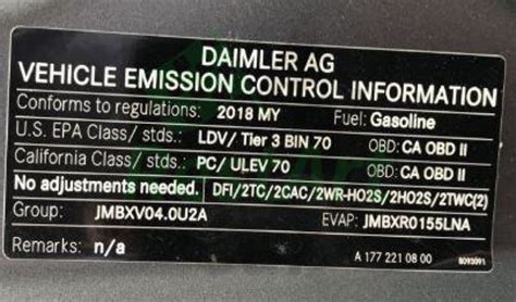 Mercedes Benz Vehicle Emission Control Information Sticker Label Decal