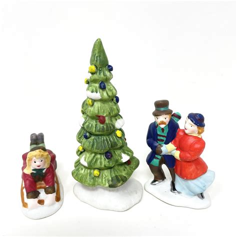 3 Lemax Dickensvale Porcelain Figures 4 Tree Ice Skating Couple