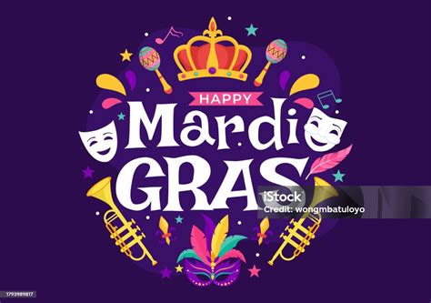 마디 그라 카니발 벡터 일러스트 레이 션 번역은 뚱뚱한 화요일에 대한 프랑스어입니다 보라색 배경에 마스크 마라카스 기타 깃털