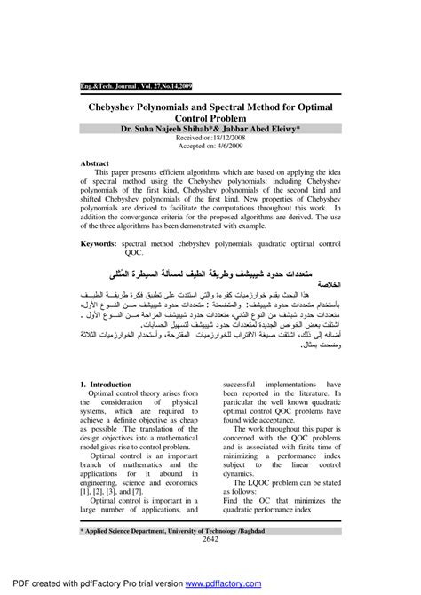 Pdf Chebyshev Polynomials And Spectral Method For Optimal Control Problem