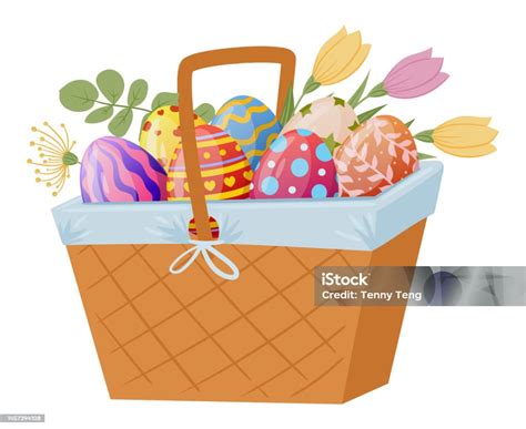 만화는 부활절 바구니를 그렸습니다 봄 휴가 부활절 달걀 고리 버들 바구니 평면 벡터 그림 흰색 배경에 0명에 대한 스톡 벡터