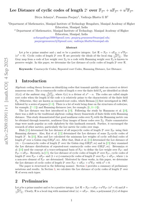 Pdf Lee Distance Of Cyclic Codes Of Length 2 ς Over Mathbb{f} {2 M} U Mathbb{f} {2 M