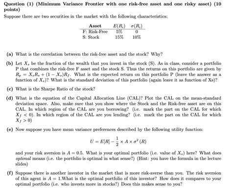 Solved Question 1 Minimum Variance Frontier With One